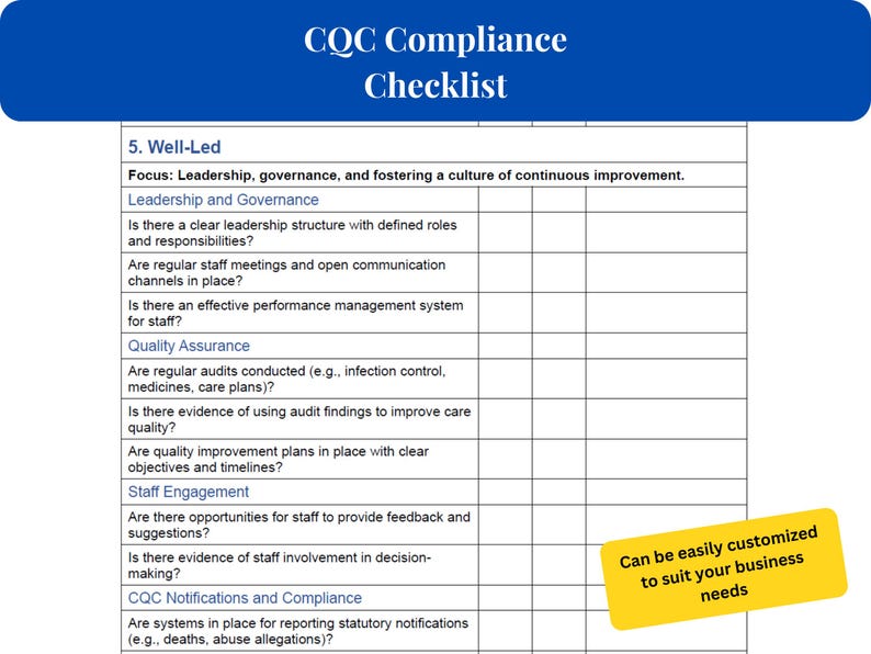 CQC Compliance Checklist: Health & Safety, Risk Management (digital ...