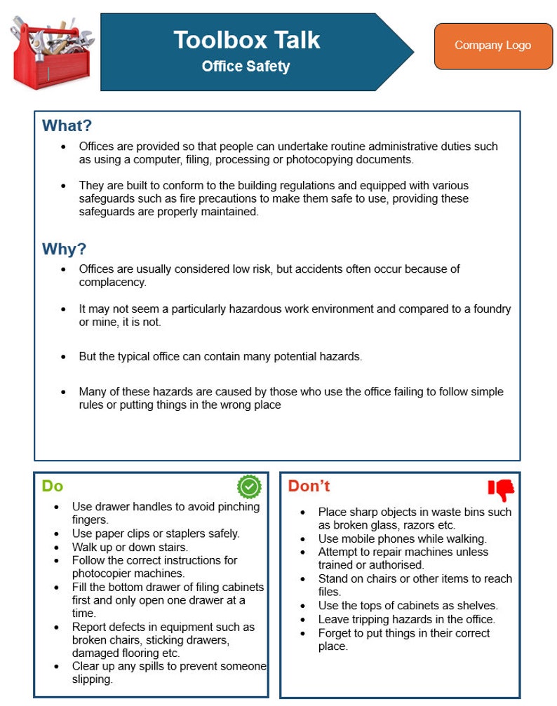 Office Safety Tool Box Talk: Interactive Word Template | Safety ...