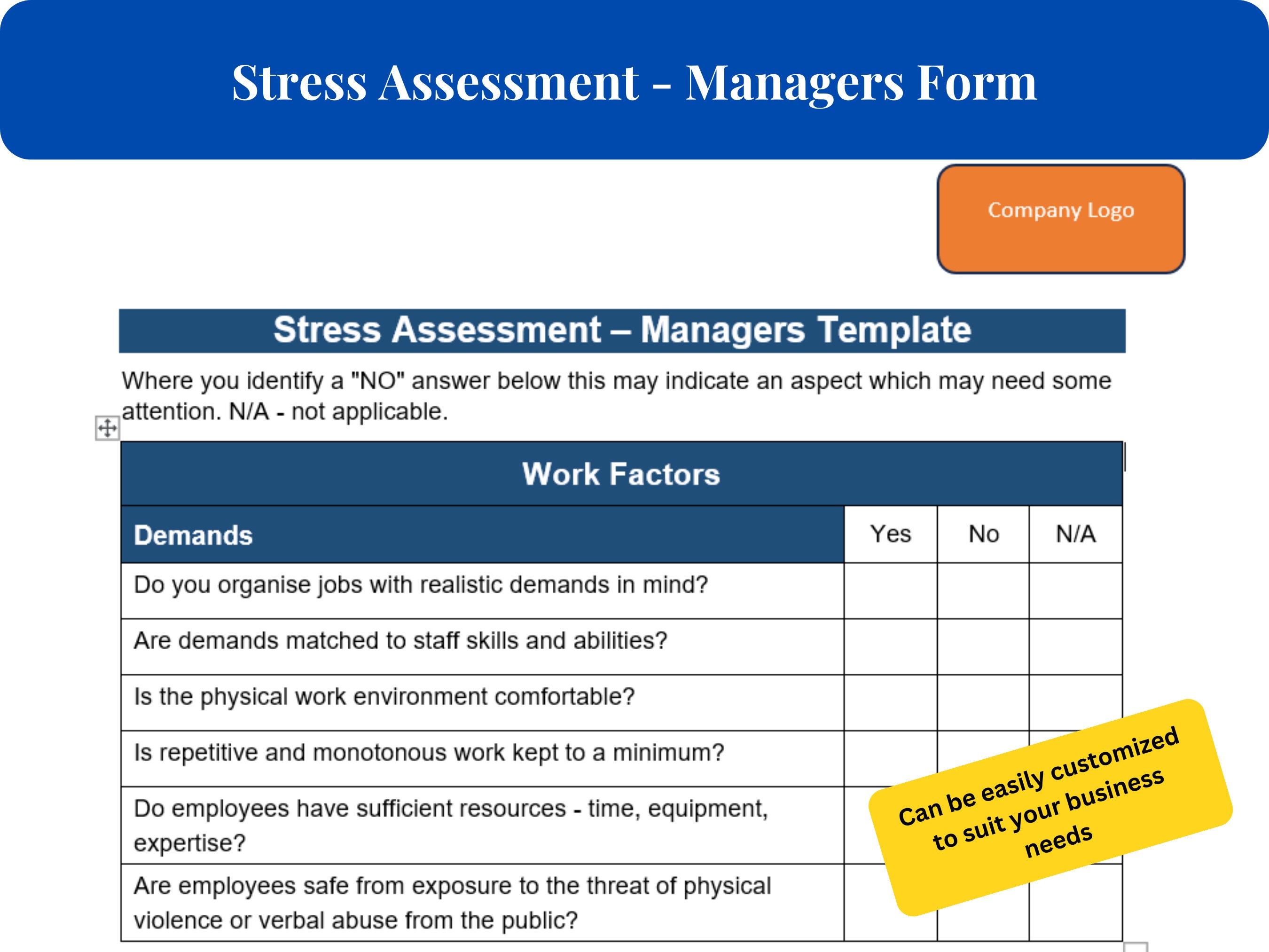 Dual Workplace Stress Assessment Template Pack Word Format Employee ...