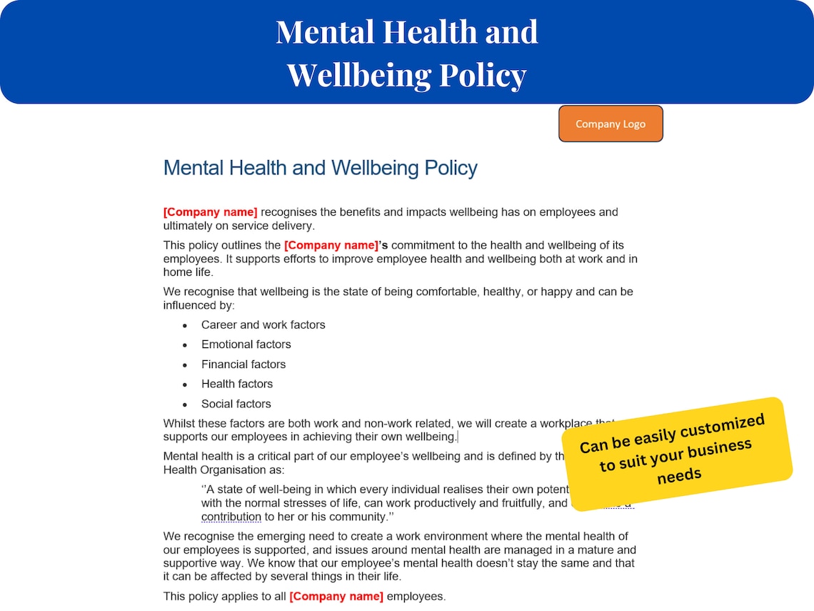 Mental Health Policy Template for Workplace Wellbeing - Editable Word ...