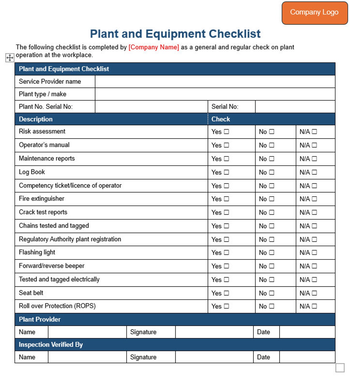 Plant and Equipment Safety Checklist Template Bundle | Comprehensive ...
