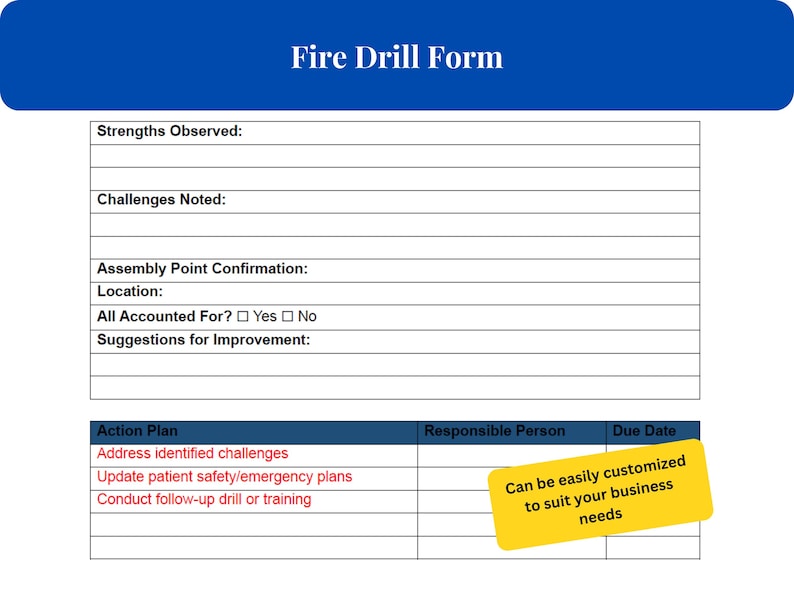 Care Home Fire Drill Template | Editable Fire Safety Checklist | Printable Health and Safety ...