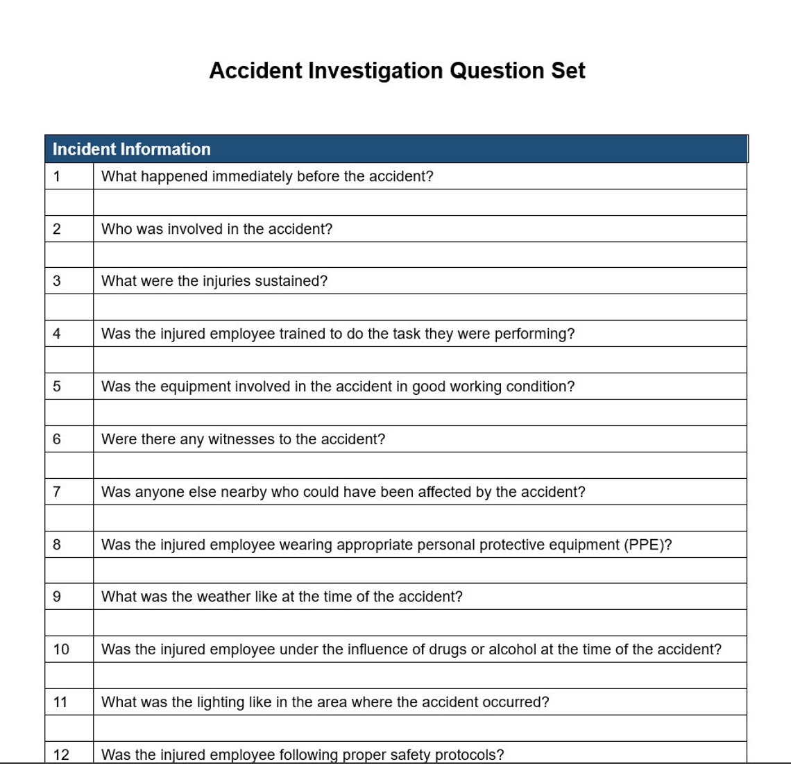 Complete Accident Investigation Question Set - 140 Selectable Questions ...