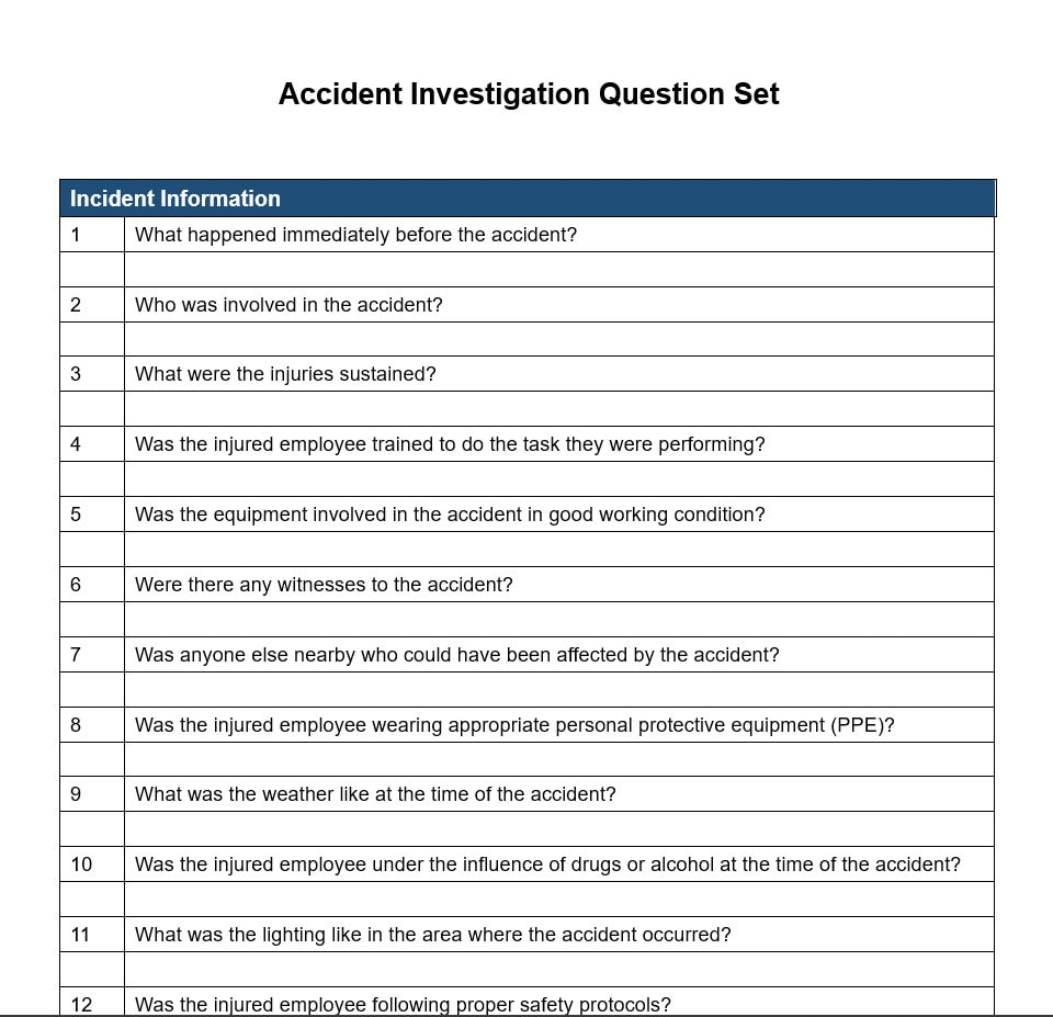 Complete Accident Investigation Question Set - 140 Selectable Questions ...