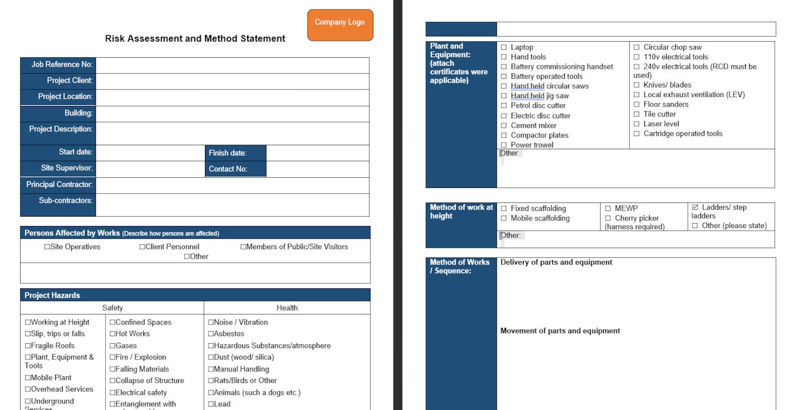 Risk Assessment and Method Statement Word Template - H&S Editable | RAMS Template | Construction ...