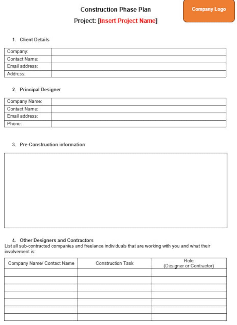 Comprehensive Construction Phase Plan Digital Template | Editable Word ...