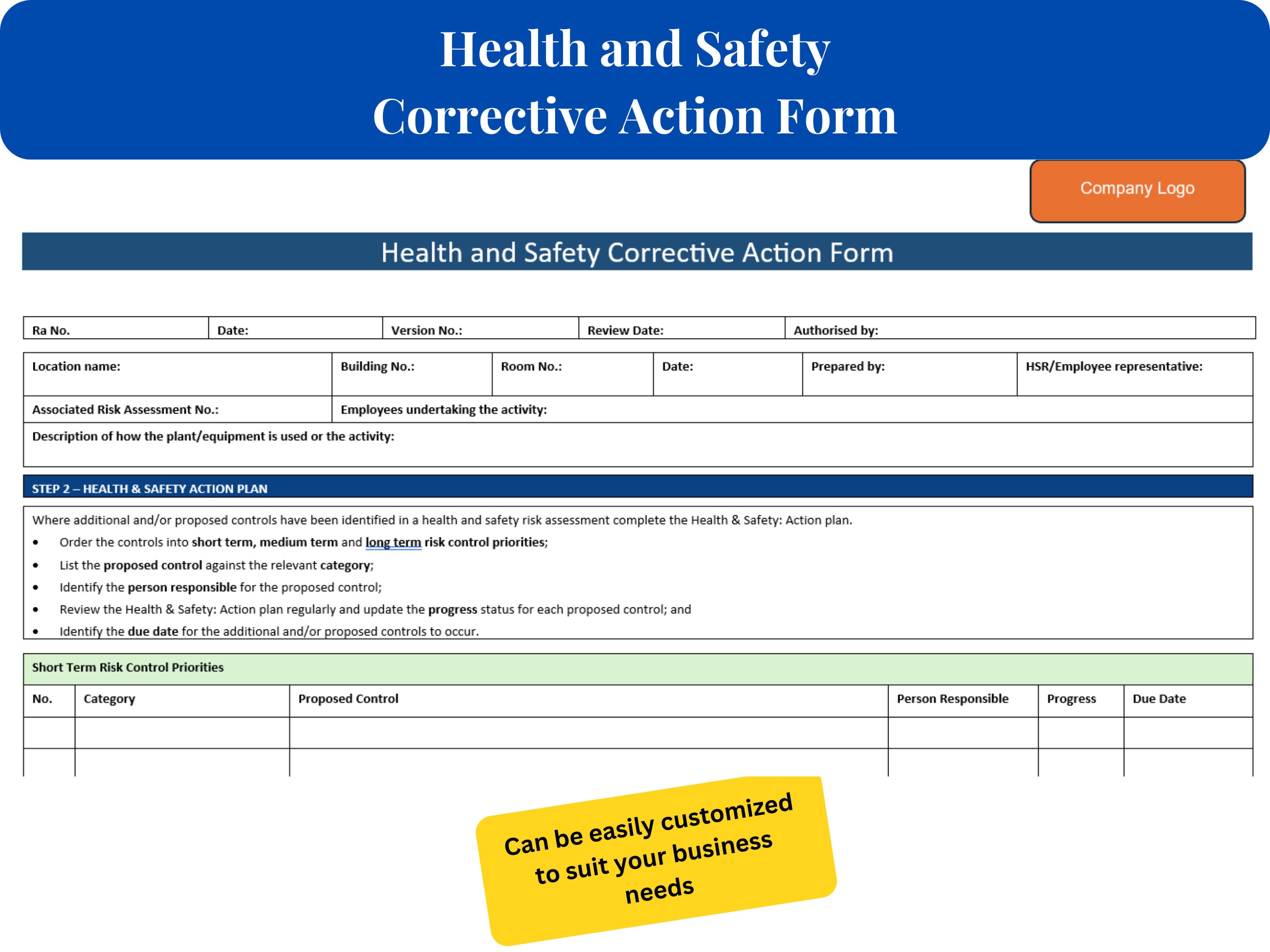 Comprehensive Health and Safety Corrective Action Plan Template ...