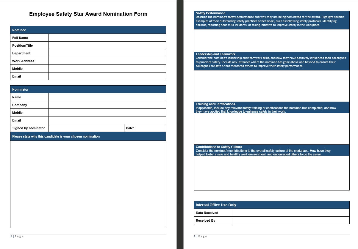 Complete Safety Award Nomination Form - Employee Recognition Template ...