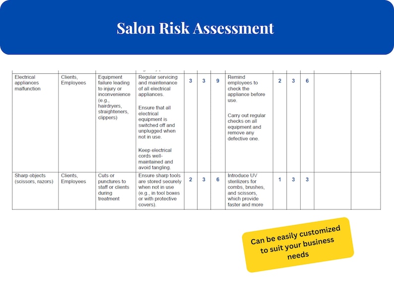 Salon Risk Assessment Template: Health & Safety Compliance Form - Etsy