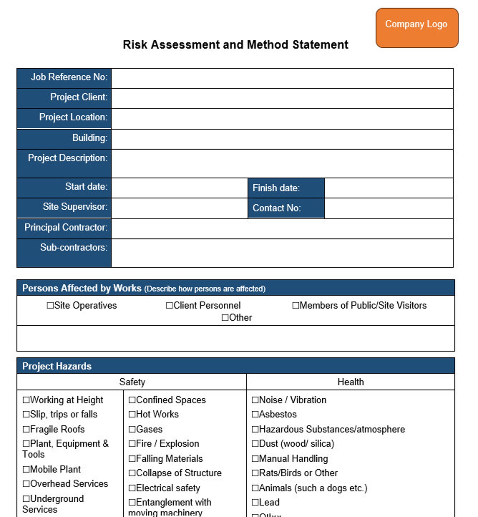 Risk Assessment and Method Statement Word Template - H&S Editable ...