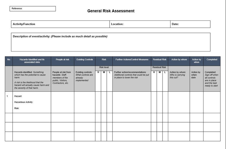 General Risk Assessment Template Risk Assessment Form Health and Safety ...