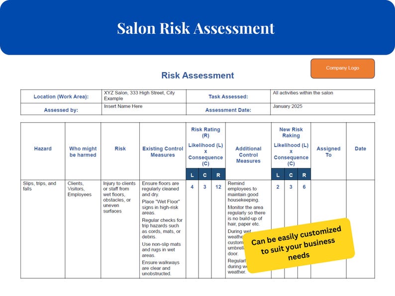Editable Salon Risk Assessment Template for Health and Safety ...
