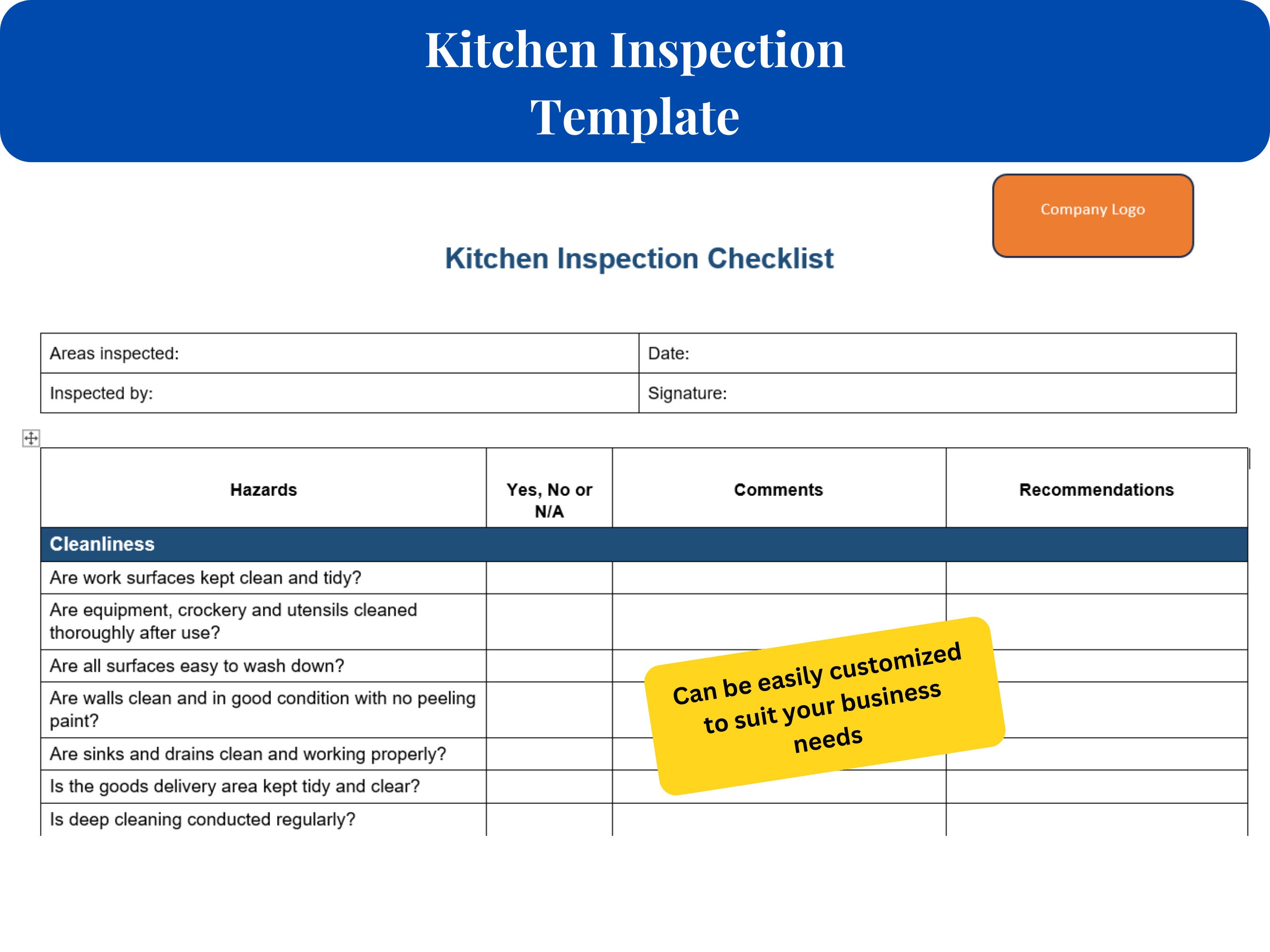 Complete Kitchen Inspection Template | Kitchen Inspection Template ...