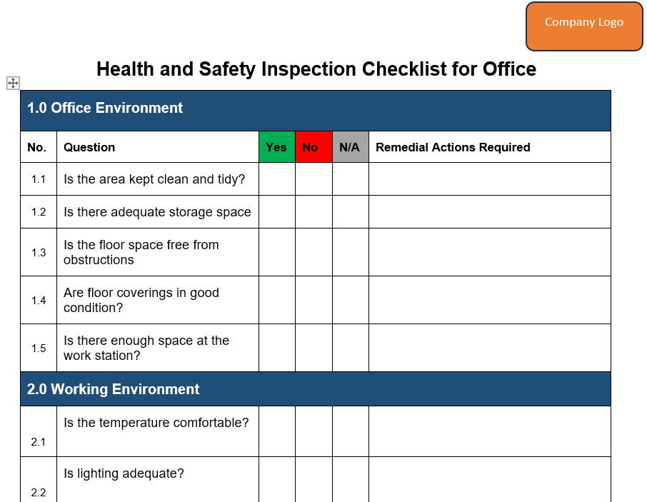Comprehensive Office Health and Safety Inspection Checklist Form - Ensure Workplace Safety ...