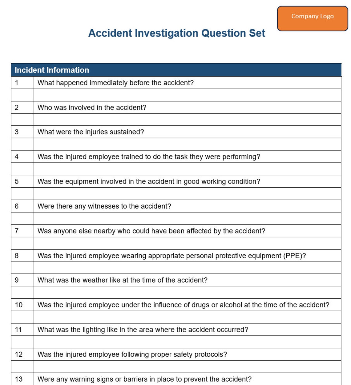 Complete Accident Investigation Question Set - 140 Selectable Questions ...