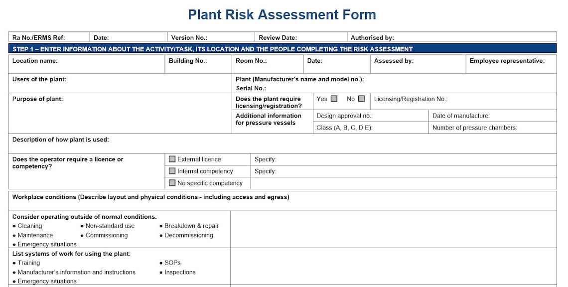 Comprehensive Plant Risk Assessment Form - Instant Download, Editable ...