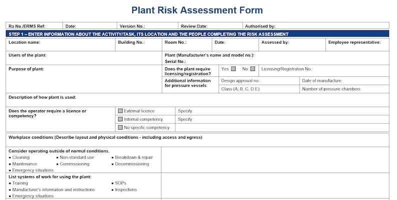 Comprehensive Plant Risk Assessment Form - Instant Download, Editable ...