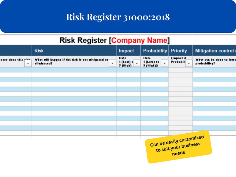 ISO 31000 Risk Register Template: Editable Excel Tool (SME) - Etsy