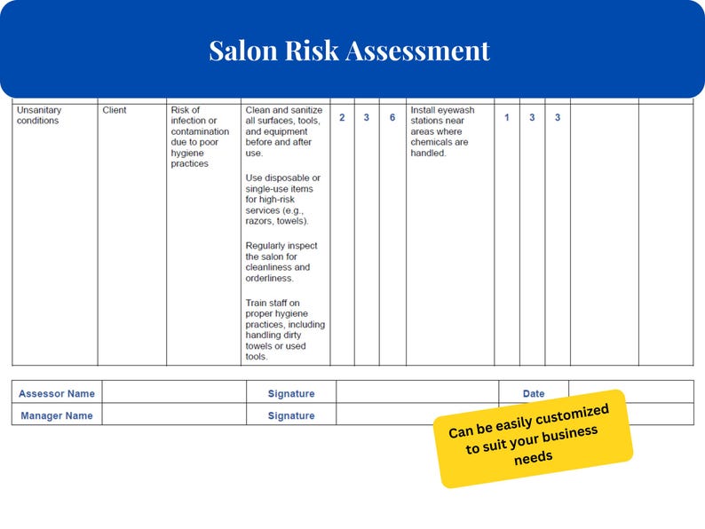 Editable Salon Risk Assessment Template for Health and Safety ...