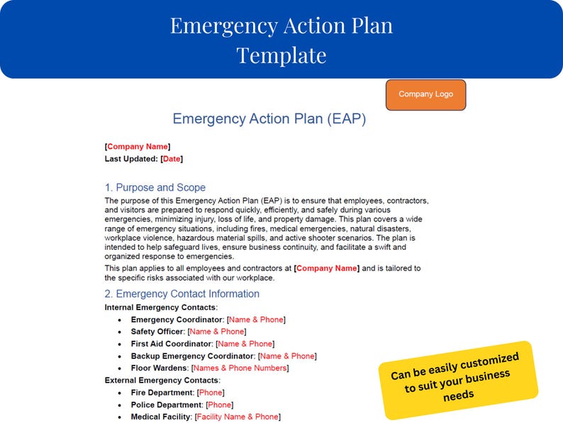 Editable Emergency Action Plan Template: Workplace Safety (6-page Document) - Etsy