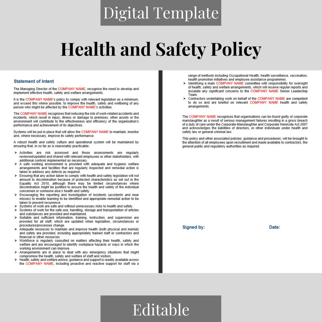 Health and Safety Policy Template for Small Businesses Editable and ...