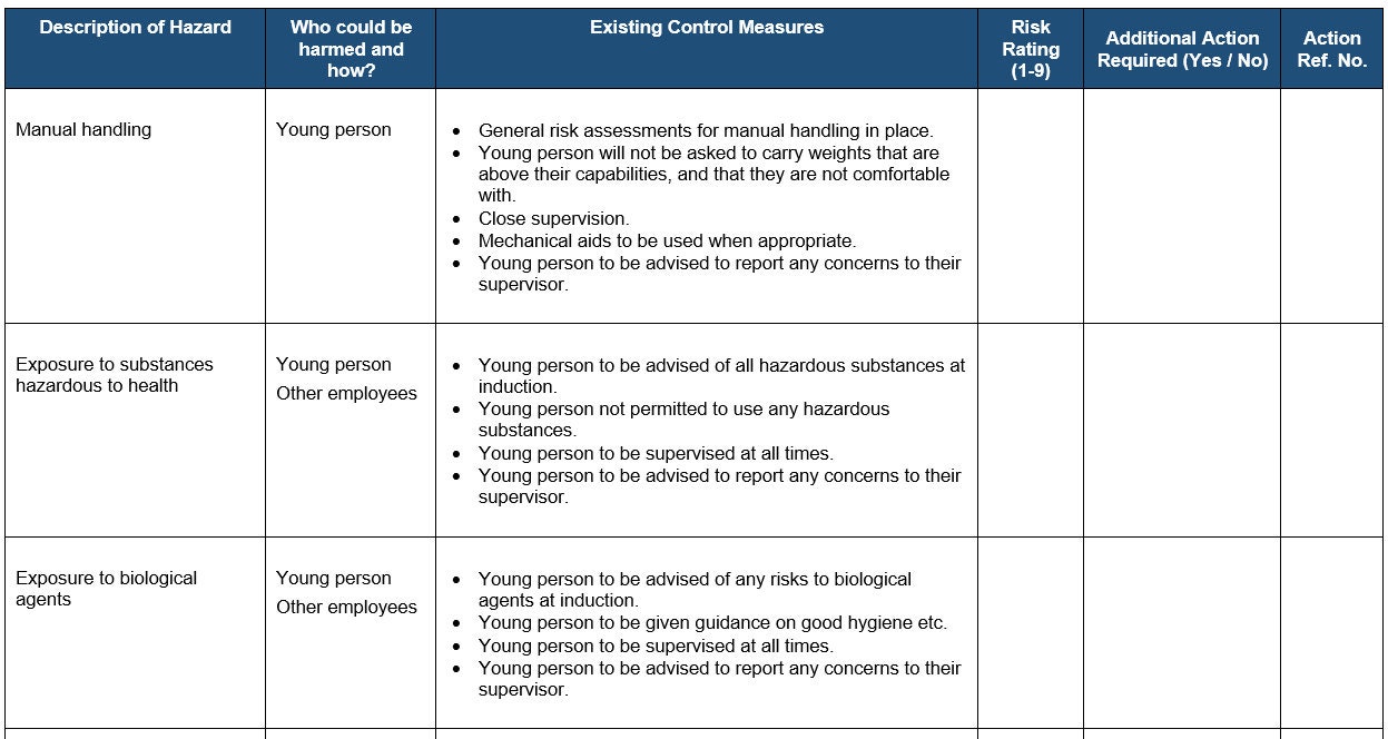 Comprehensive Young Workers Risk Assessment and Managers Checklist ...