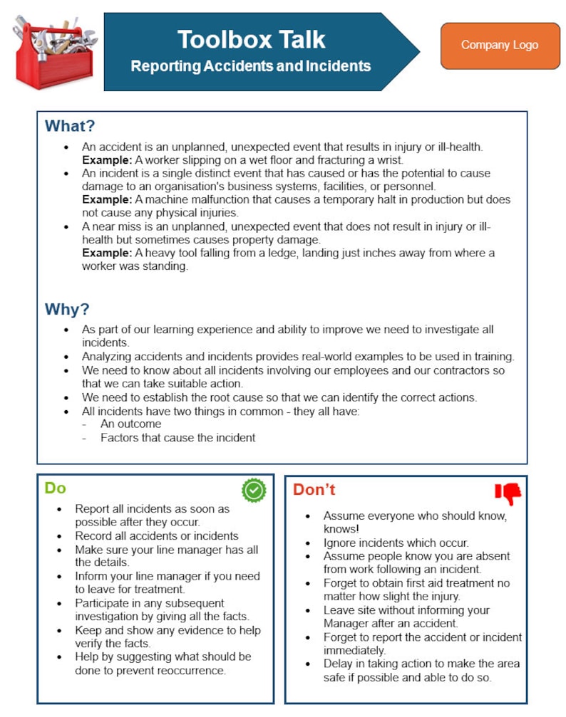 Toolbox Talk Template for Workplace Health and Safety Compliance ...
