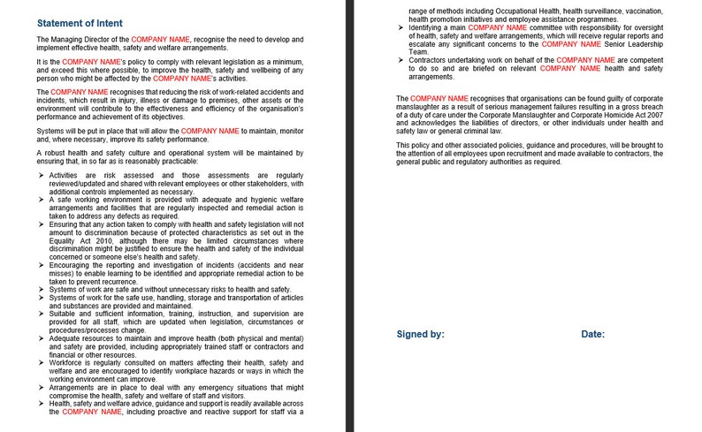Comprehensive Health and Safety Policy Template With Statement of ...