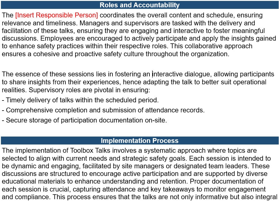Toolbox Talk Template, Procedure, and Sign off Sheet for Workplace ...