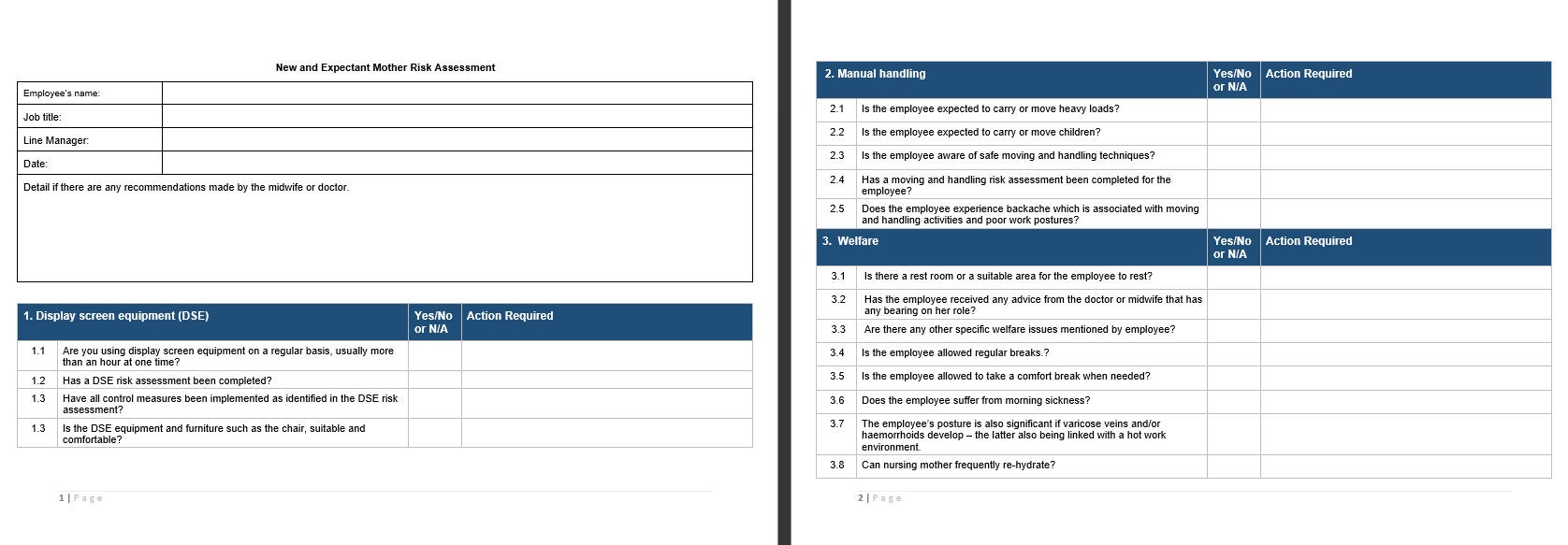 New and Expectant Mother Risk Assessment Form | Expectant Mother Risk ...