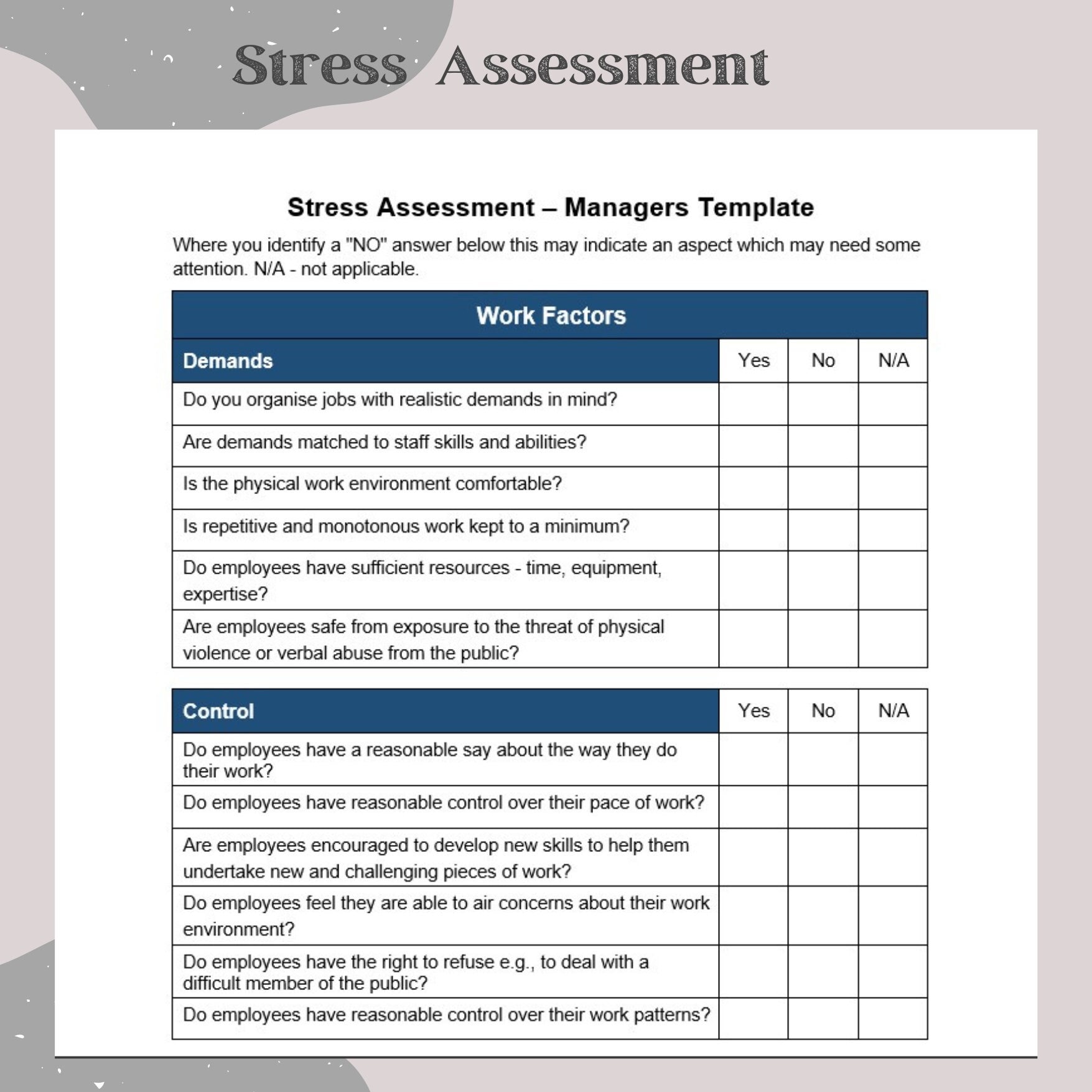 Dual Workplace Stress Assessment Template Pack Word Format Employee ...
