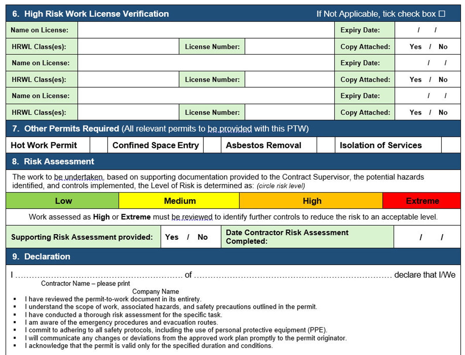 Permit to Work Template: Confined Space, Hot Works, Excavation (word ...
