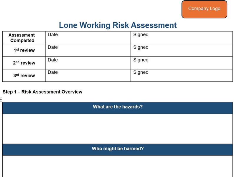Lone Worker Risk Assessment & Checklist Template (digital Download) - Etsy