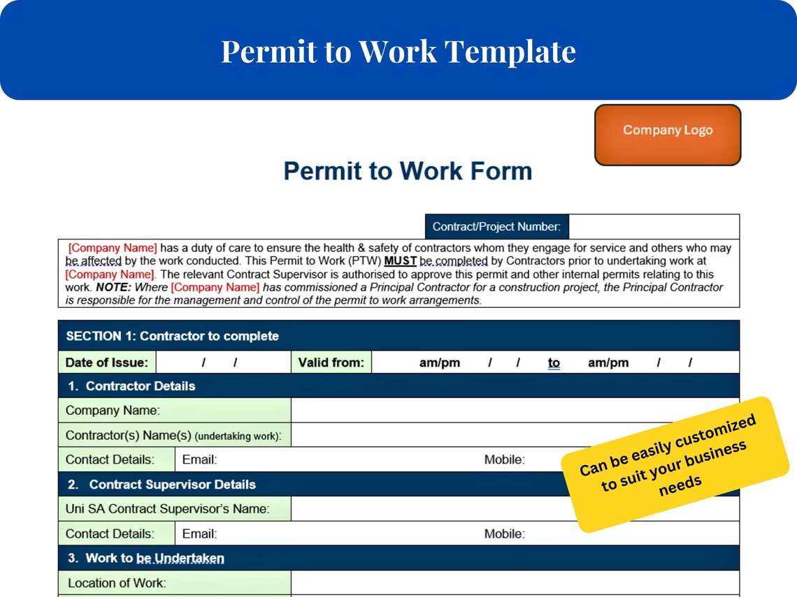 Permit to Work Template: Confined Space, Hot Works, Excavation (word ...