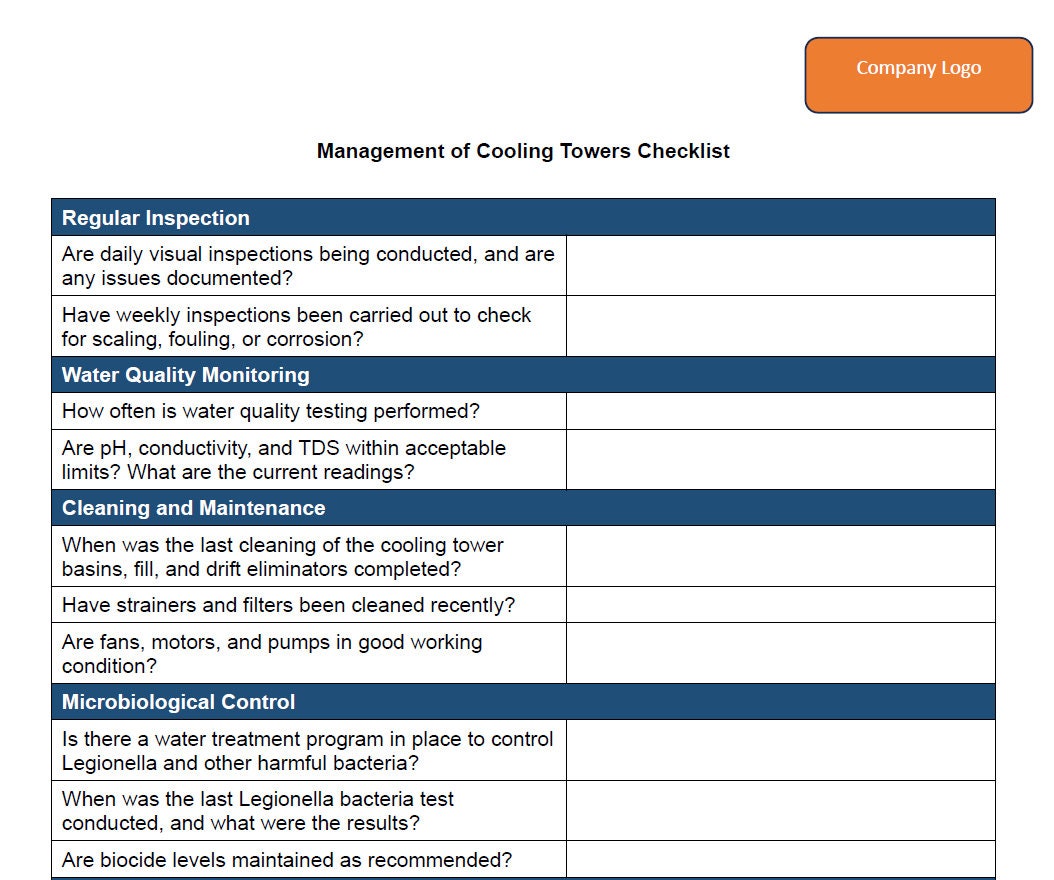 Comprehensive Cooling Tower Management Checklist Legionella - Etsy