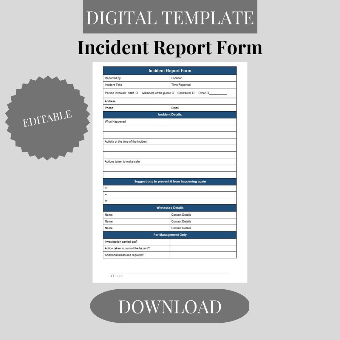 Incident Report Form | Incident Reporting Template | Incident Record ...