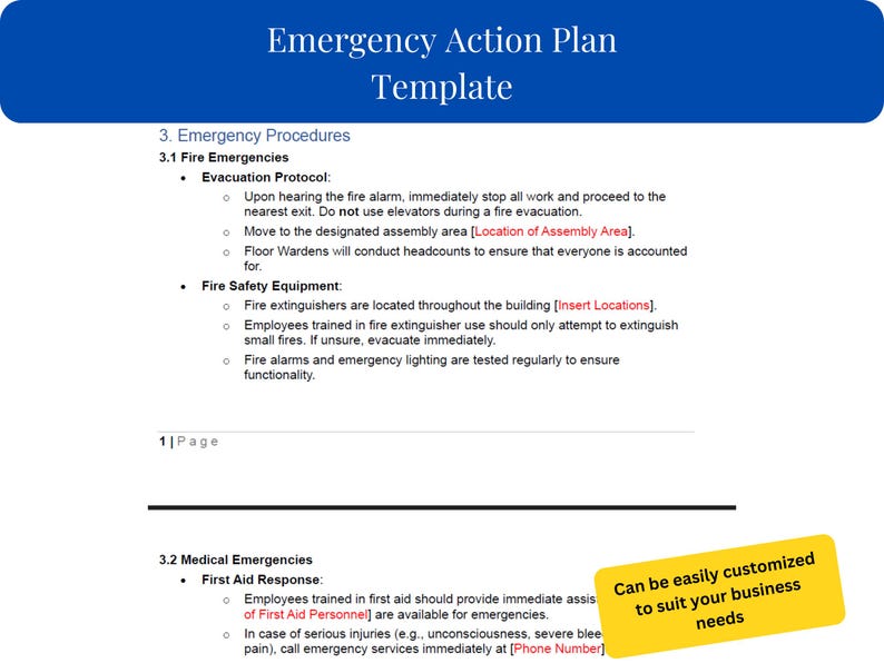 Emergency Action Plan Template | Editable 6-page Emergency Procedure ...