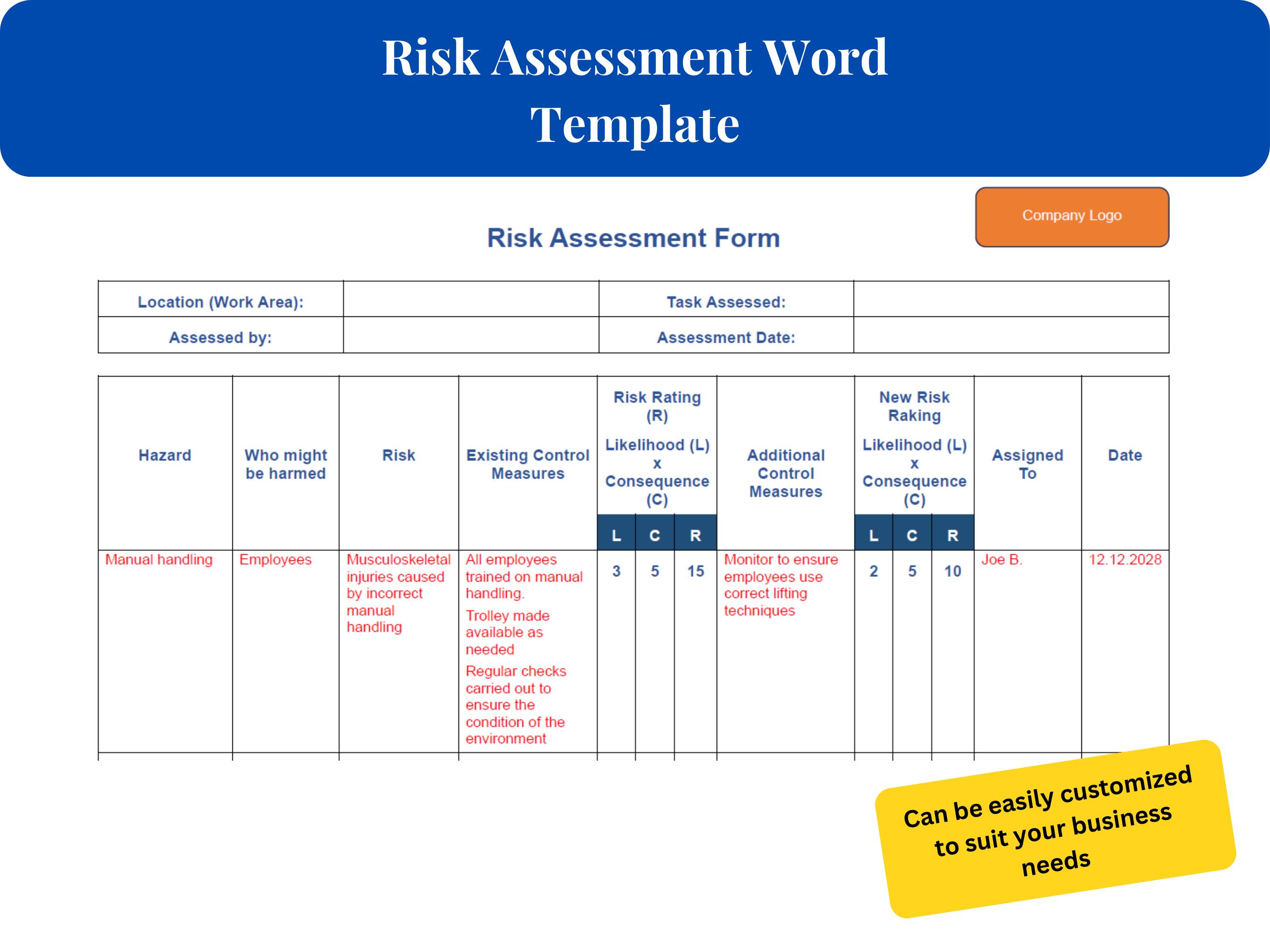 Blank Risk Assessment Template Word Editable And Printable For H S Blank Risk Assessment Template Word Editable And Printable For H S