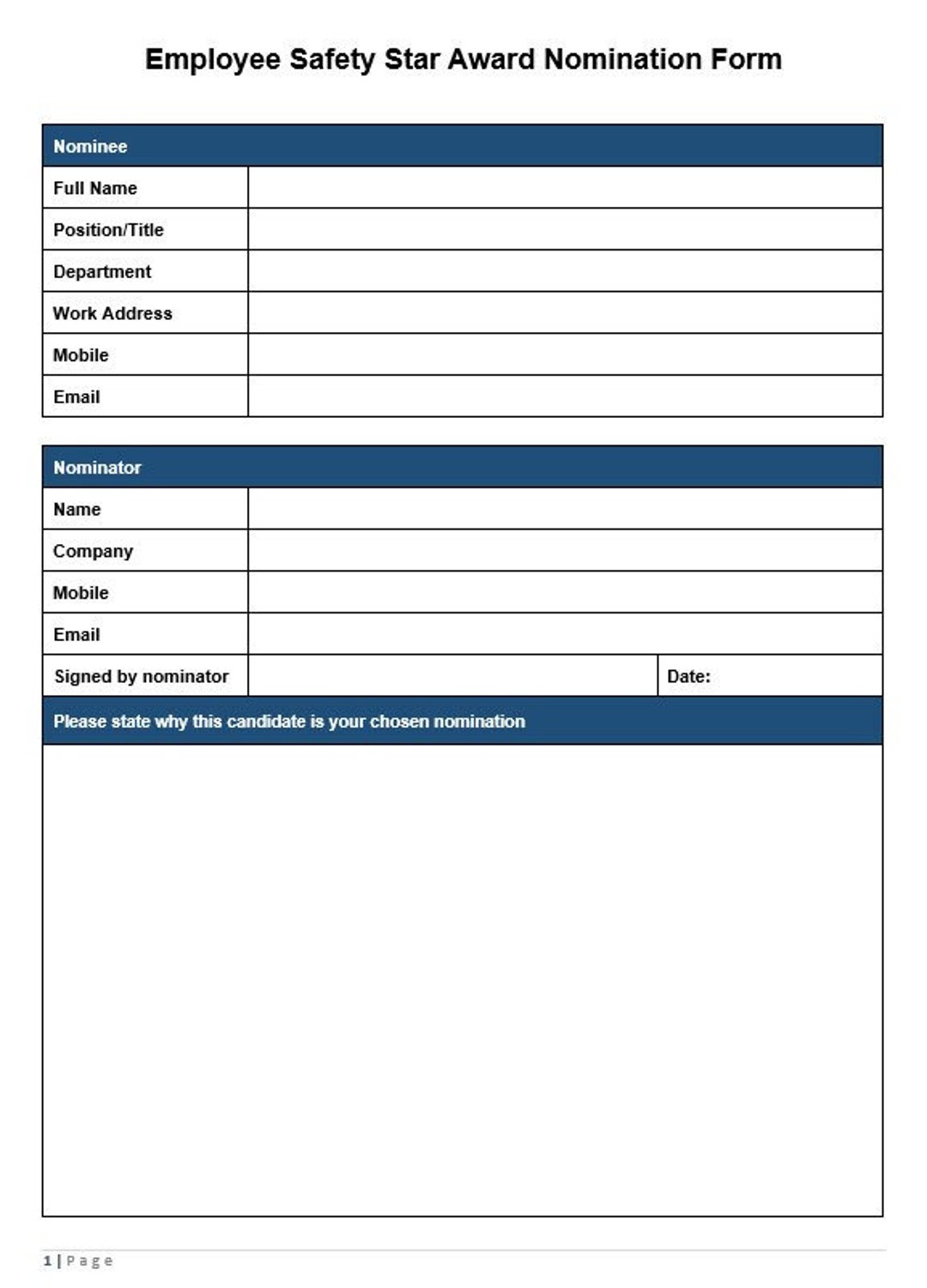 Printable Safety Award Nomination Form Employee Recognition Template ...