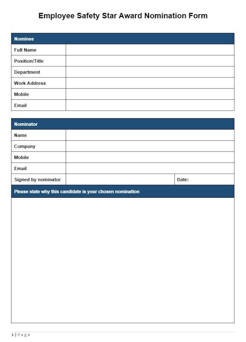 Complete Safety Award Nomination Form - Employee Recognition Template ...