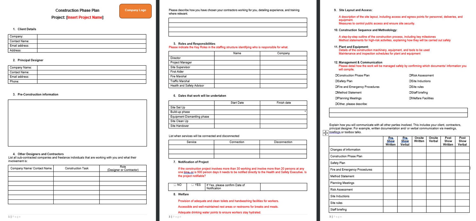 Comprehensive Construction Phase Plan Digital Template | Editable Word ...