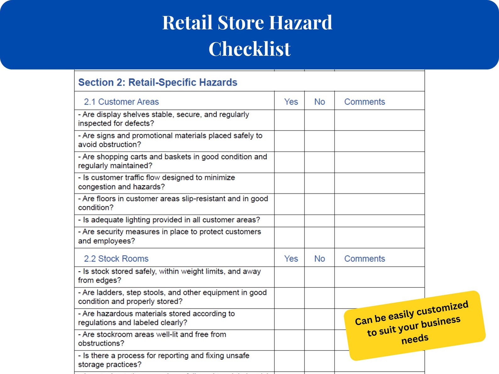 Retail Store Safety Checklist Template | OSHA Compliant Risk Assessment ...