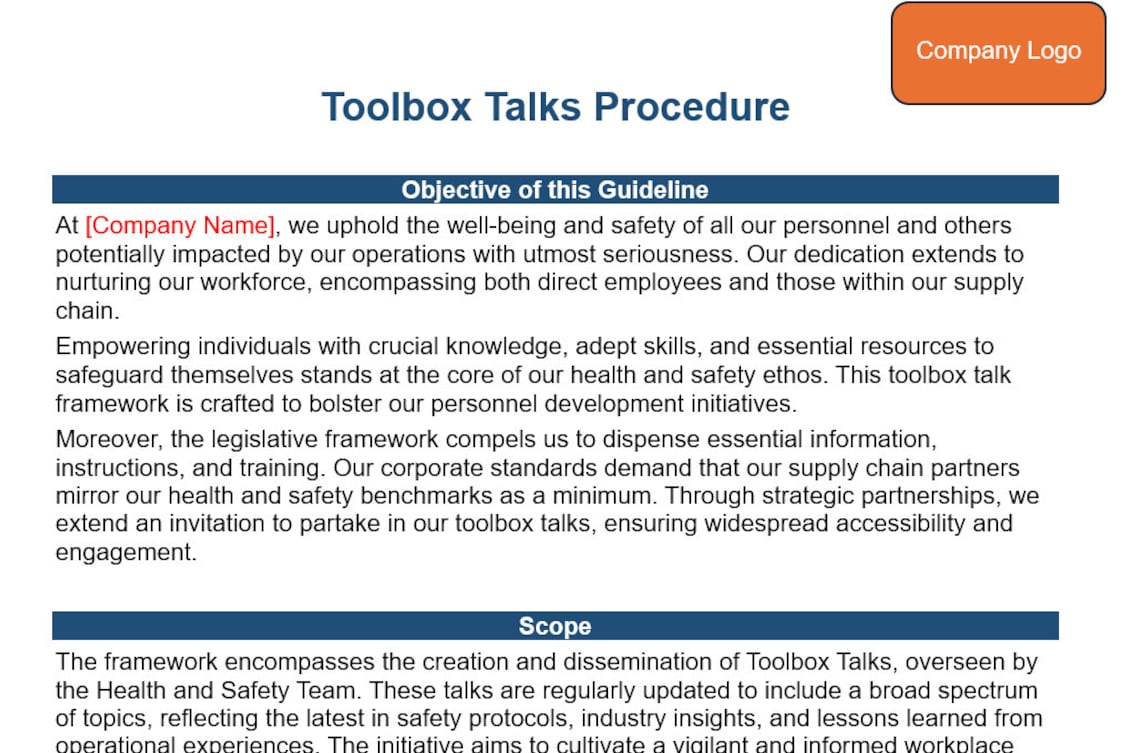 Toolbox Talk Template, Procedure, and Sign off Sheet for Workplace ...