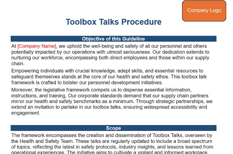 Toolbox Talk Template, Procedure, and Sign off Sheet for Workplace ...