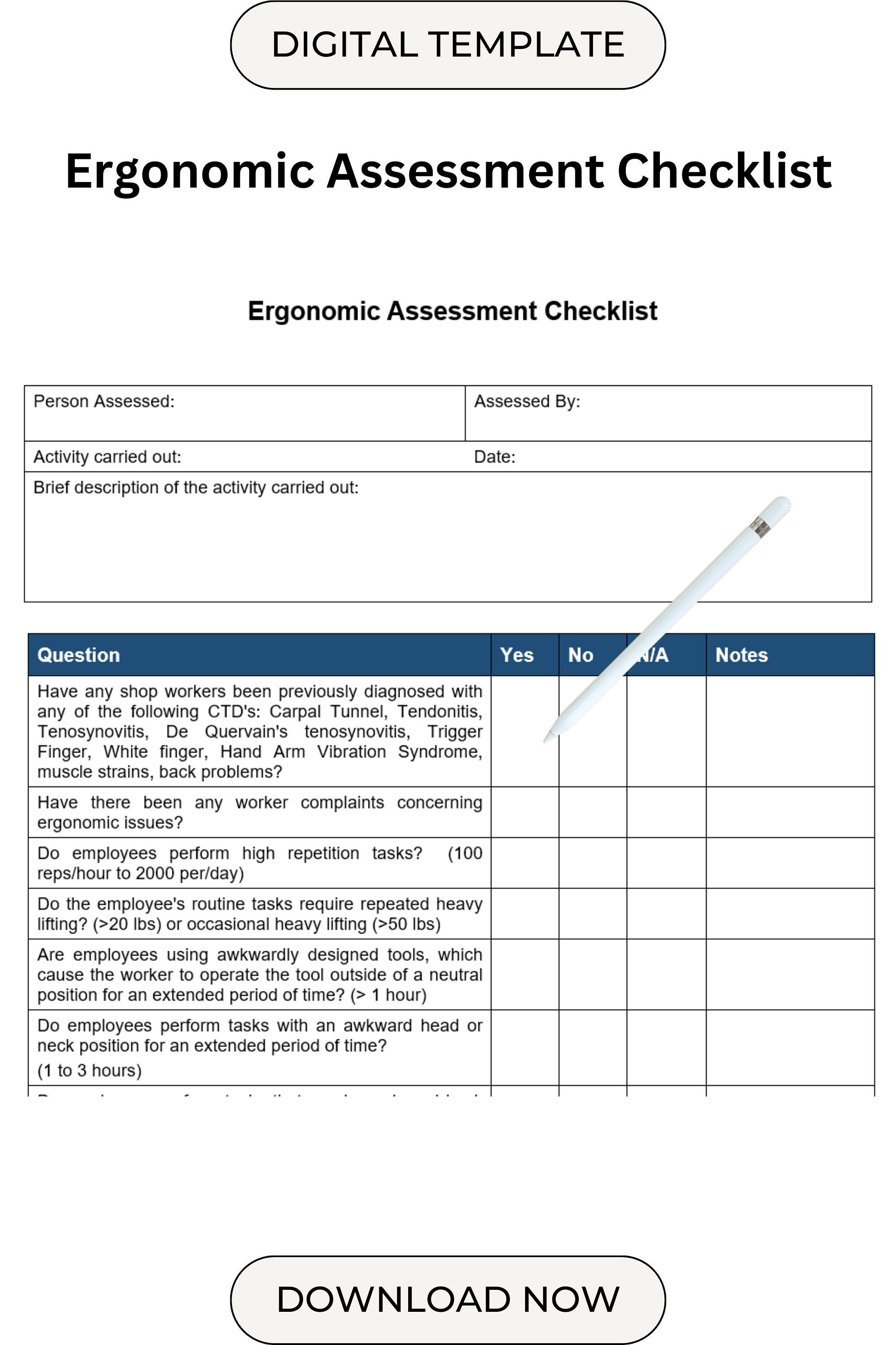 Ergonomic Assessment Checklist and Evaluation for Workplace Safety ...