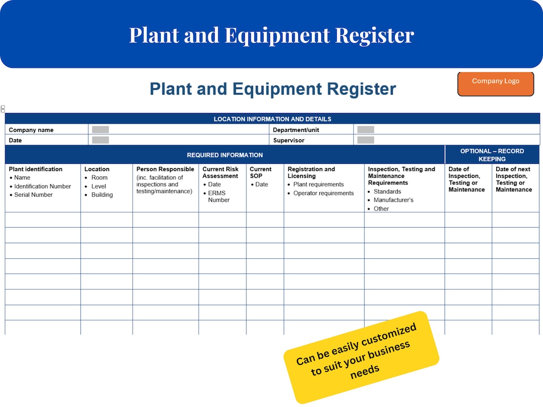Plant and Equipment Register Template | Digital Download | Word Format ...