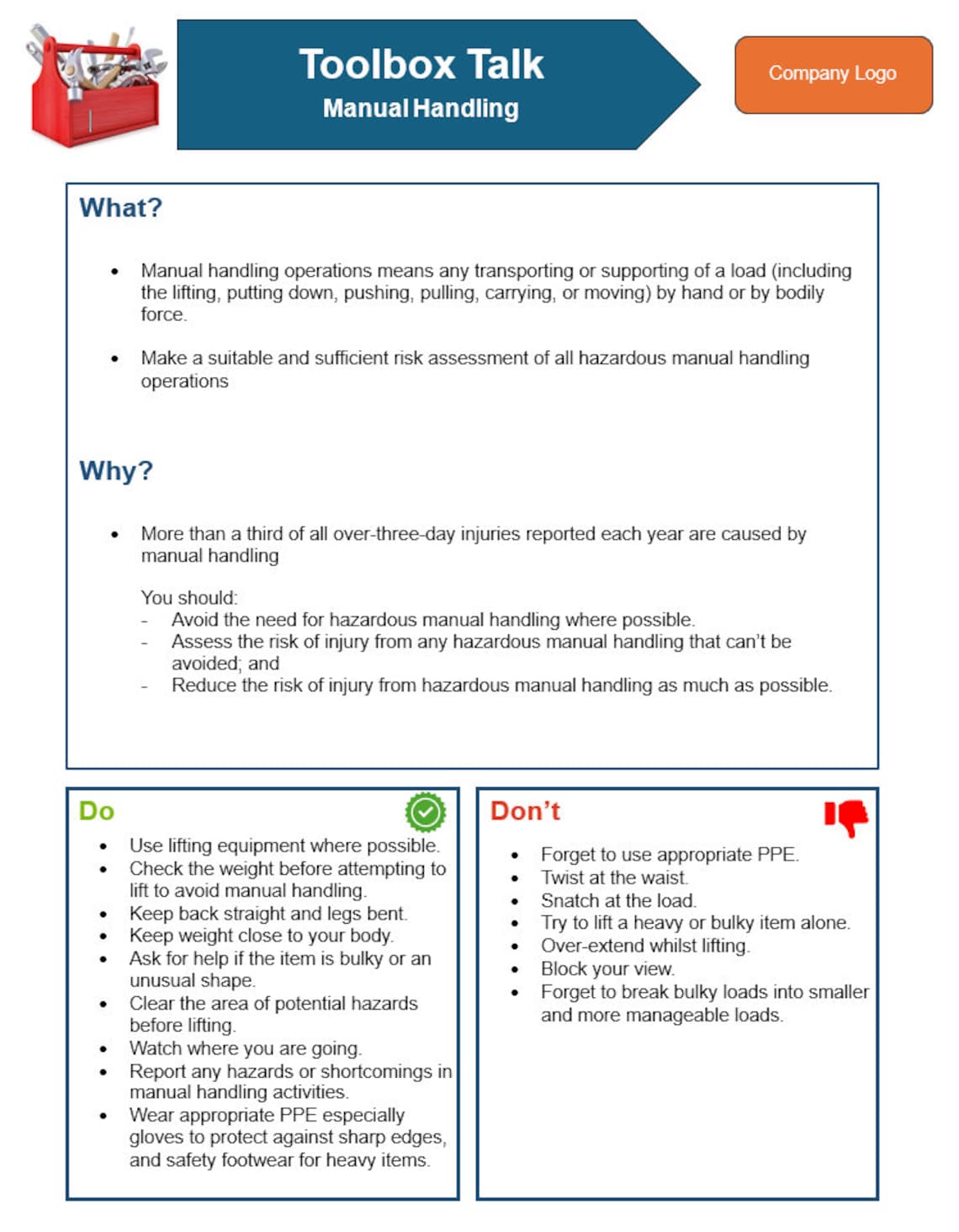 Manual Handling Toolbox Talk Template: Customizable Safety Training ...