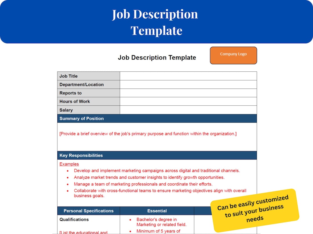 Editable Job Description Template | Professional HR Form With Examples ...