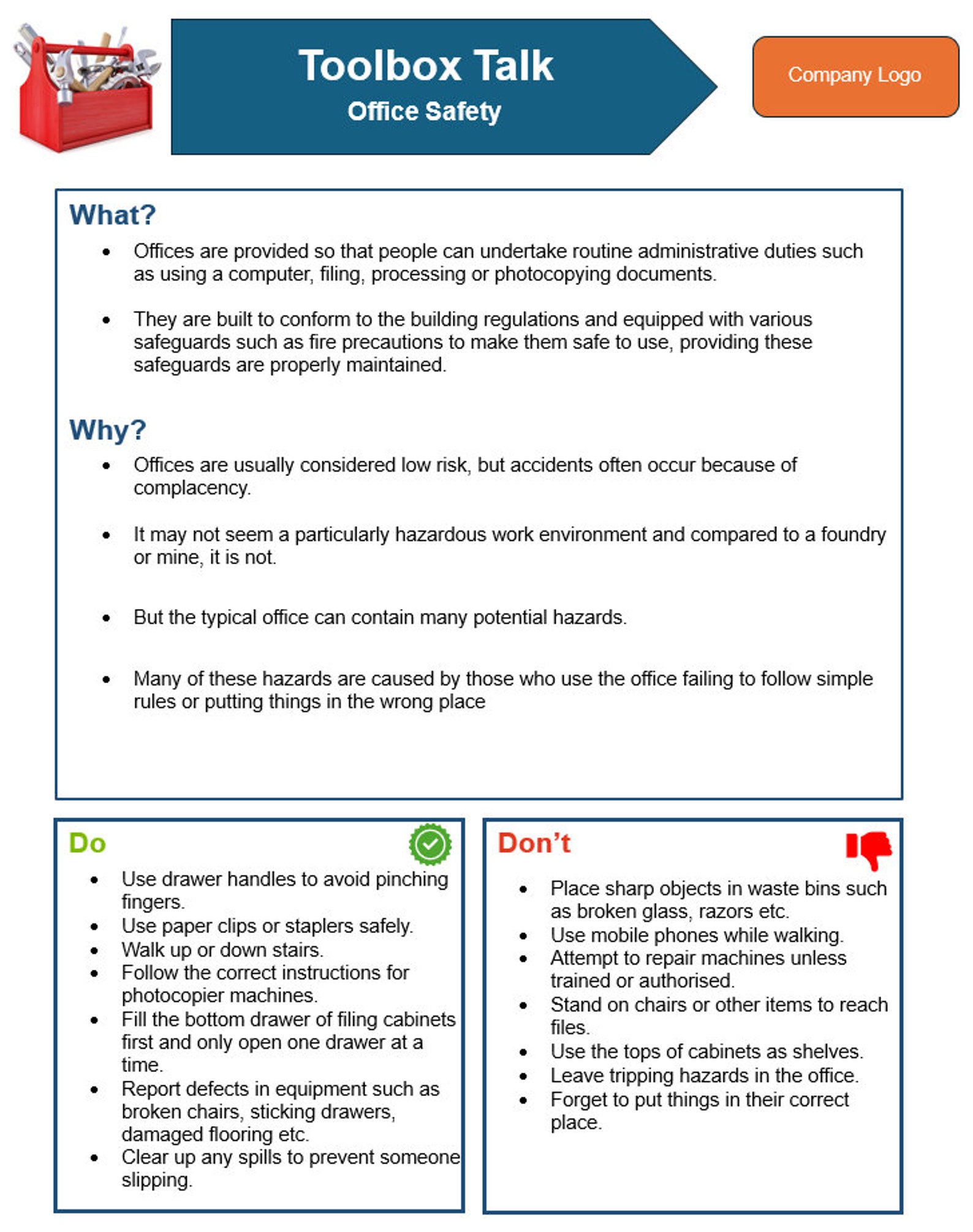Toolbox Talk Template, Procedure, and Sign off Sheet for Workplace ...