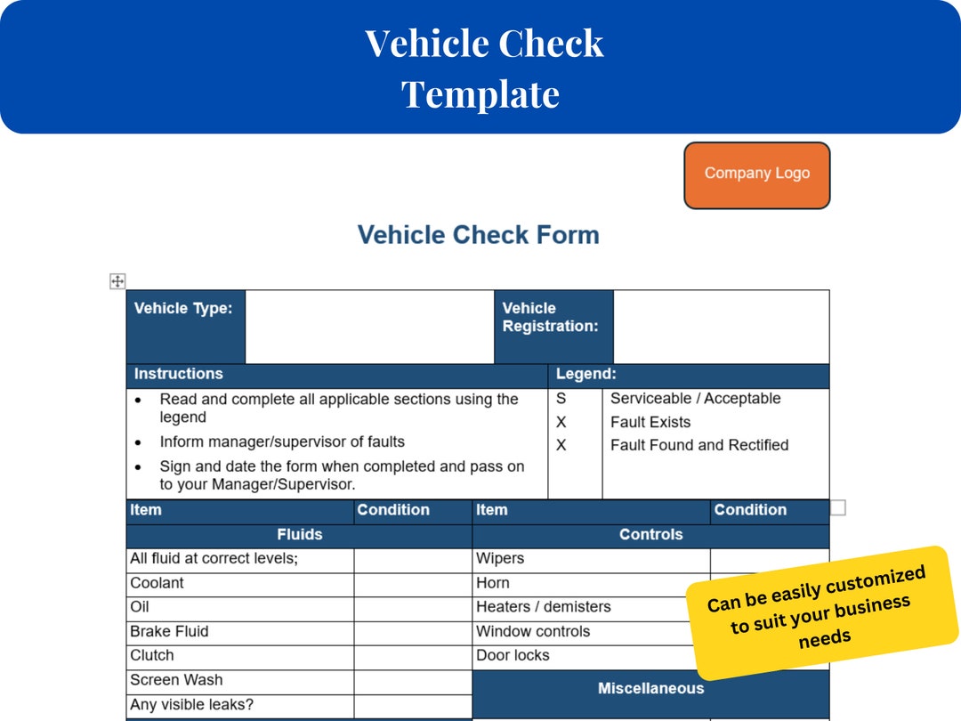 Vehicle Inspection Template: Car Check & Faults Log (word) - Etsy
